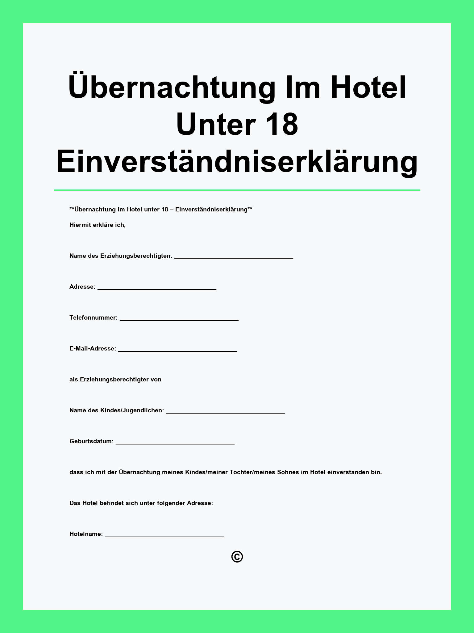 Spannende Einverstaendniserklaerung Hotel Unter 18 Pdf Fotosbellina8582